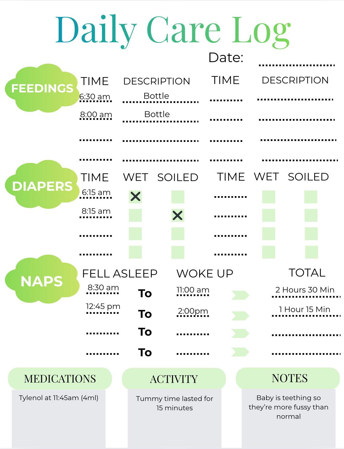 Printable One Page Baby Daily Log | Babysitter Report | Daycare Report ...