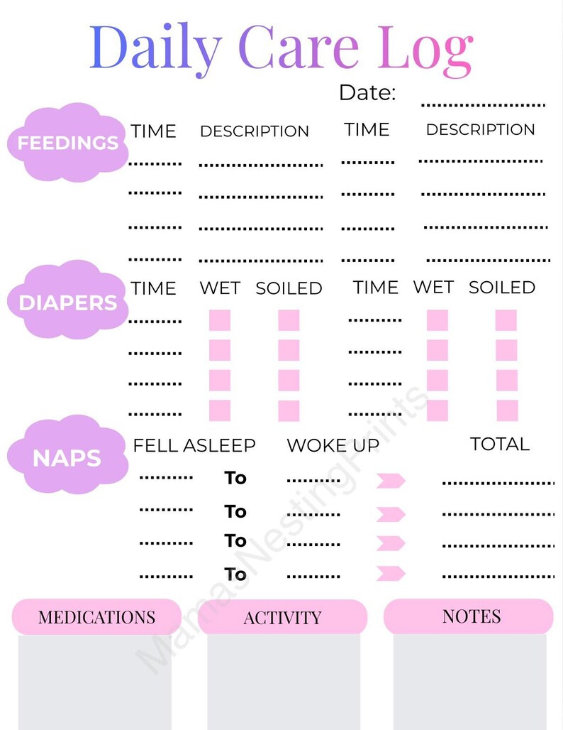 Printable One Page Baby Daily Log | Babysitter Report | Daycare Report ...