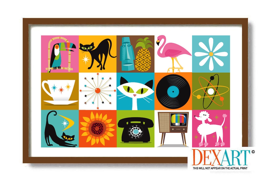 Mid Century Modern Atomic Cat Wall Art Print, Cat Lover Gift, Vinyl LP ...