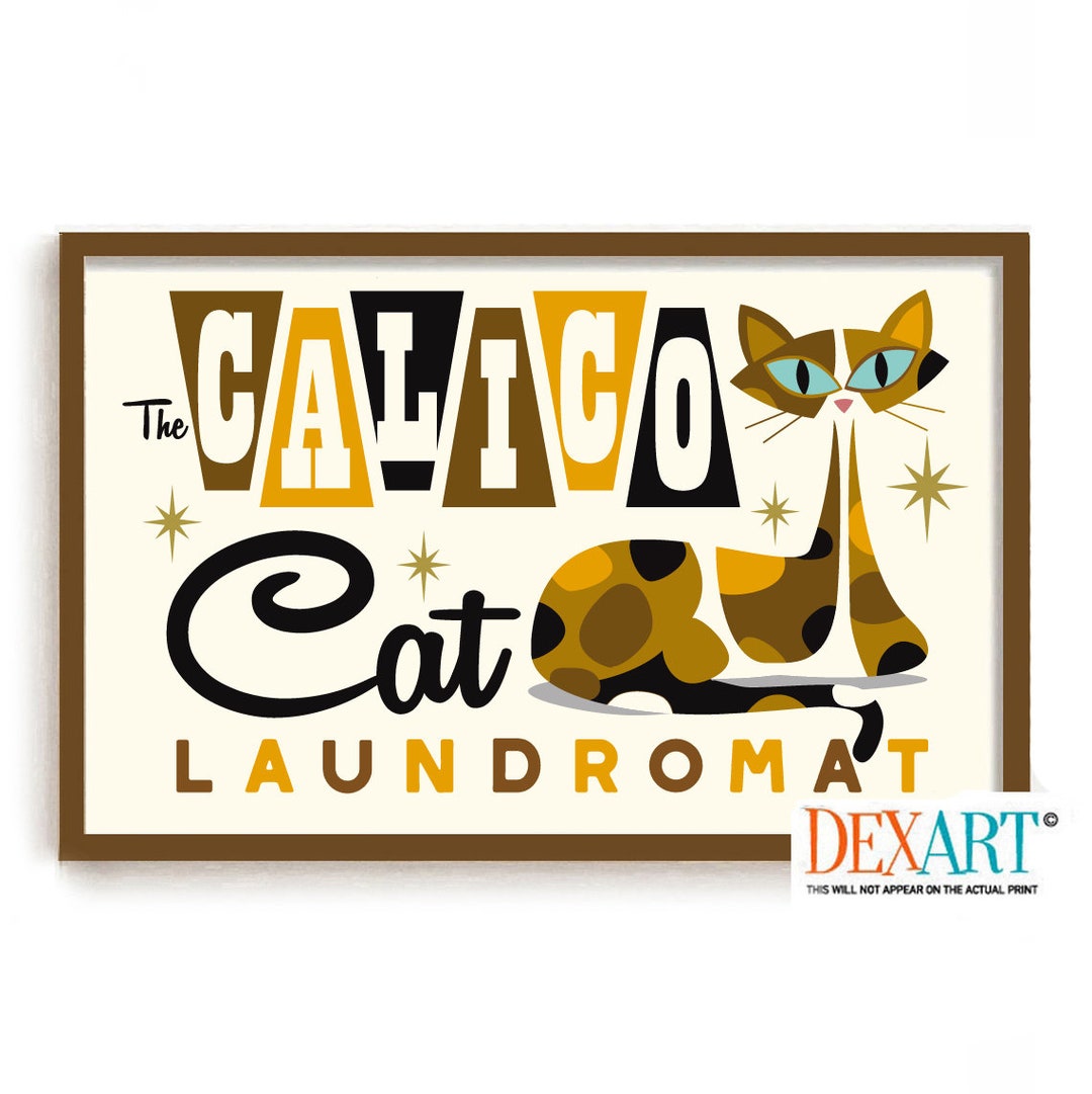 Calico Cat Laundry Room Decor Art Print, Mid Century Modern Art Cat ...