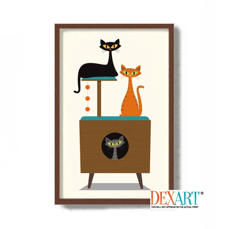 Cat Tree Furniture, Cat House, Wall Art Print, Family of Cats, Mid ...