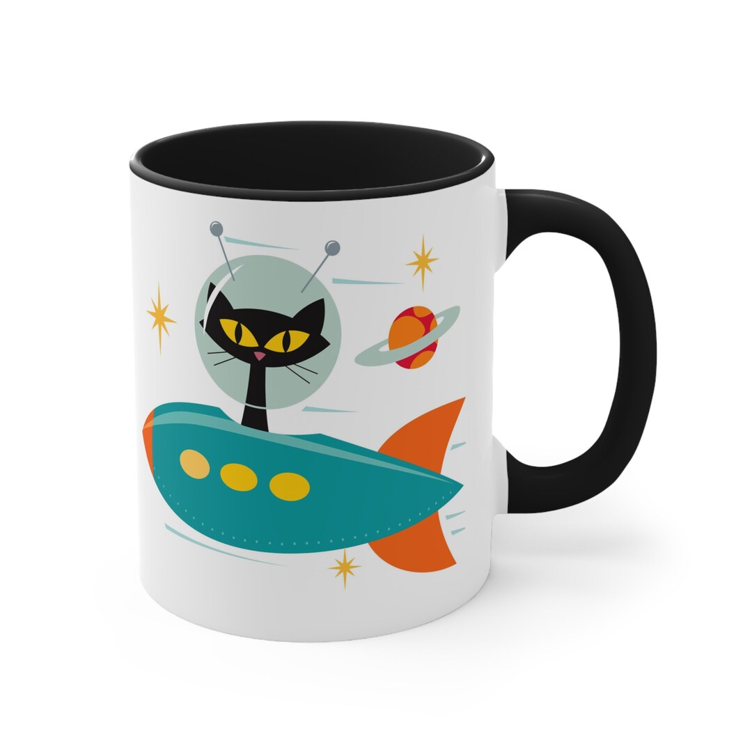 Atomic Space Cat Coffee Mug, 11oz Cup, Sputnik Black Cat Decor, Cosmic ...