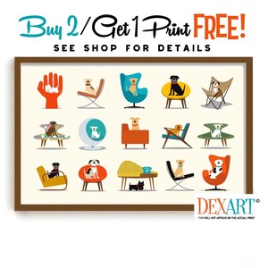 Mid Century Modern Chair and Dog Wall Art Print, Contemporary Chairs, Z ...