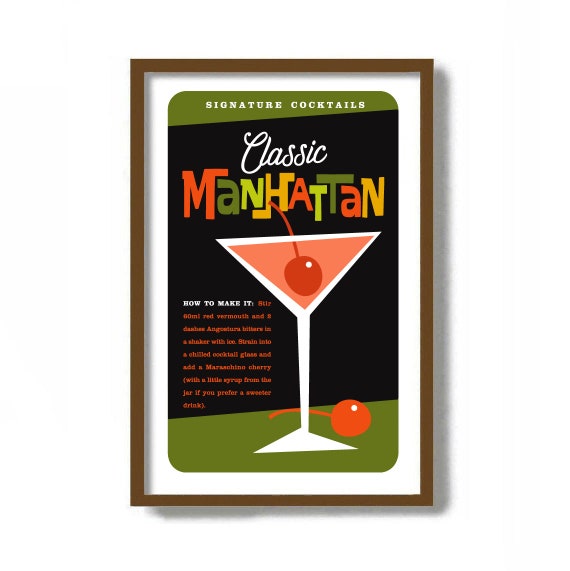 Manhattan Glass Art Print Signature Cocktail Sign Mid | Etsy