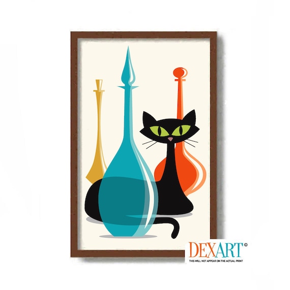 Retro Cat Poster Mid Century Modern Cat and Kitchen Art - Etsy