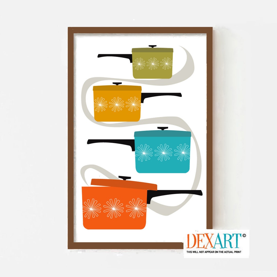 Mid Century Modern Kitchen Wall Art Print, Pots and Pans, Saucepans ...