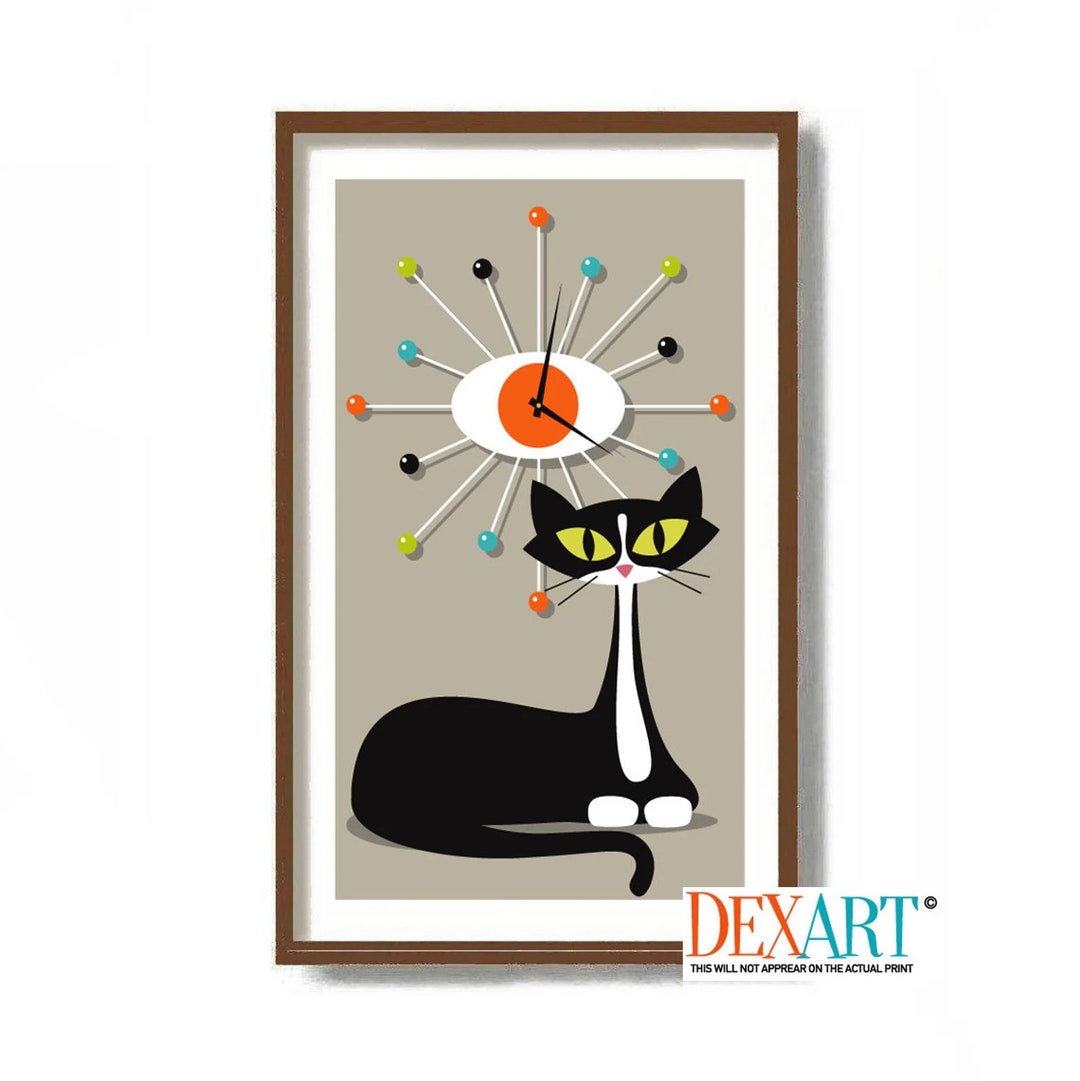 Tuxedo Cat Art Print, Mid Century Modern Art, Cat Lover Gift, Retro ...