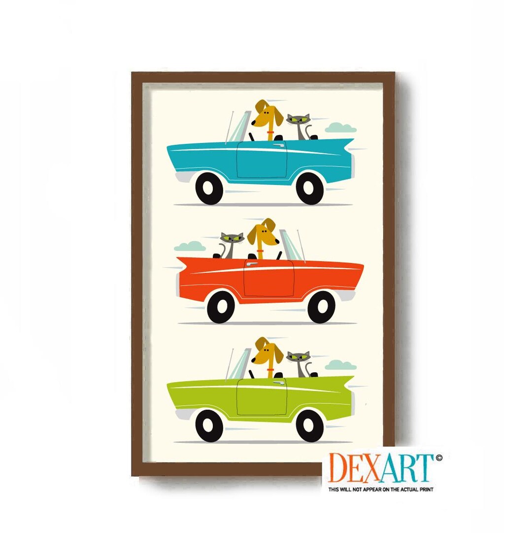 Funny Dog and Cat Art Print, Zoomies Dog Car, Mid Century Modern Man ...