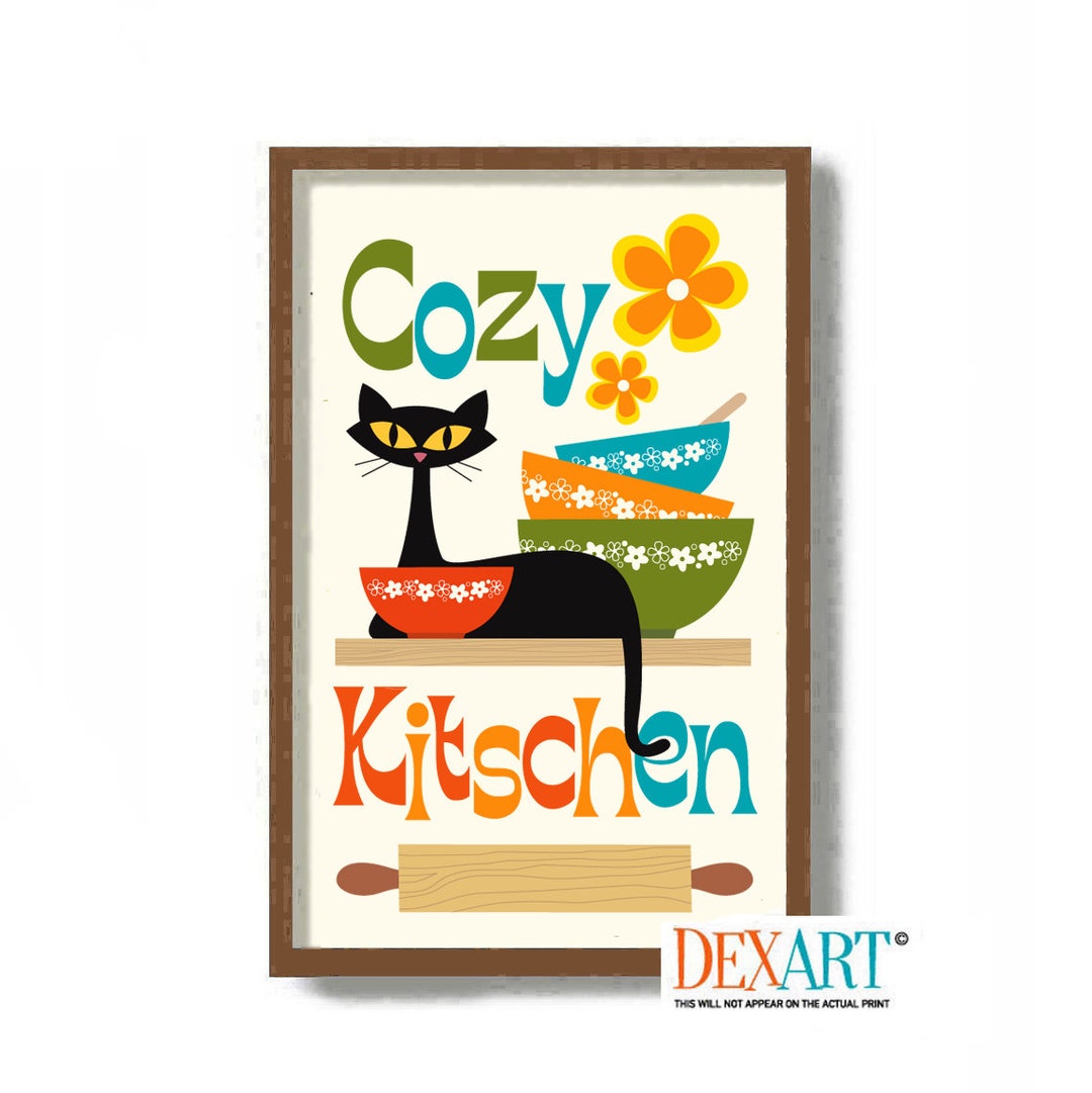 Cozy Kitsch Decor, Mid Century Modern Kitchen Wall Art Print, Black Cat ...