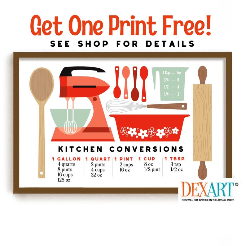 Kitchen Conversion Chart, Mid Century Modern Kitchen Art Print, Kitchen ...