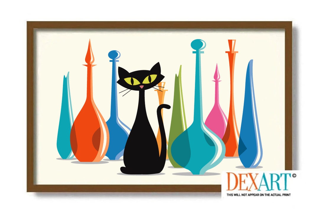 Colorful Glass Decanters Art, Atomic Cat Poster, Mid Century Modern Cat ...