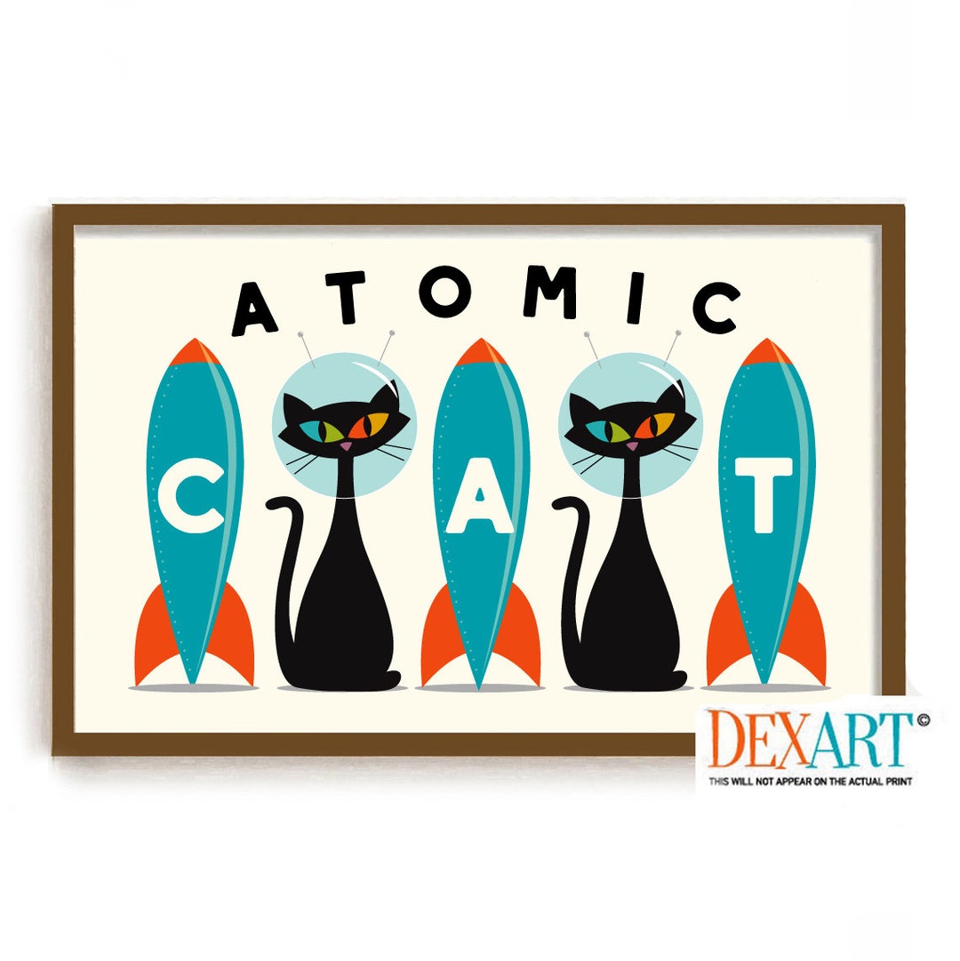 Atomic Black Cat Space Art Print, Rocket Ship Art, UFO Poster, Mid ...