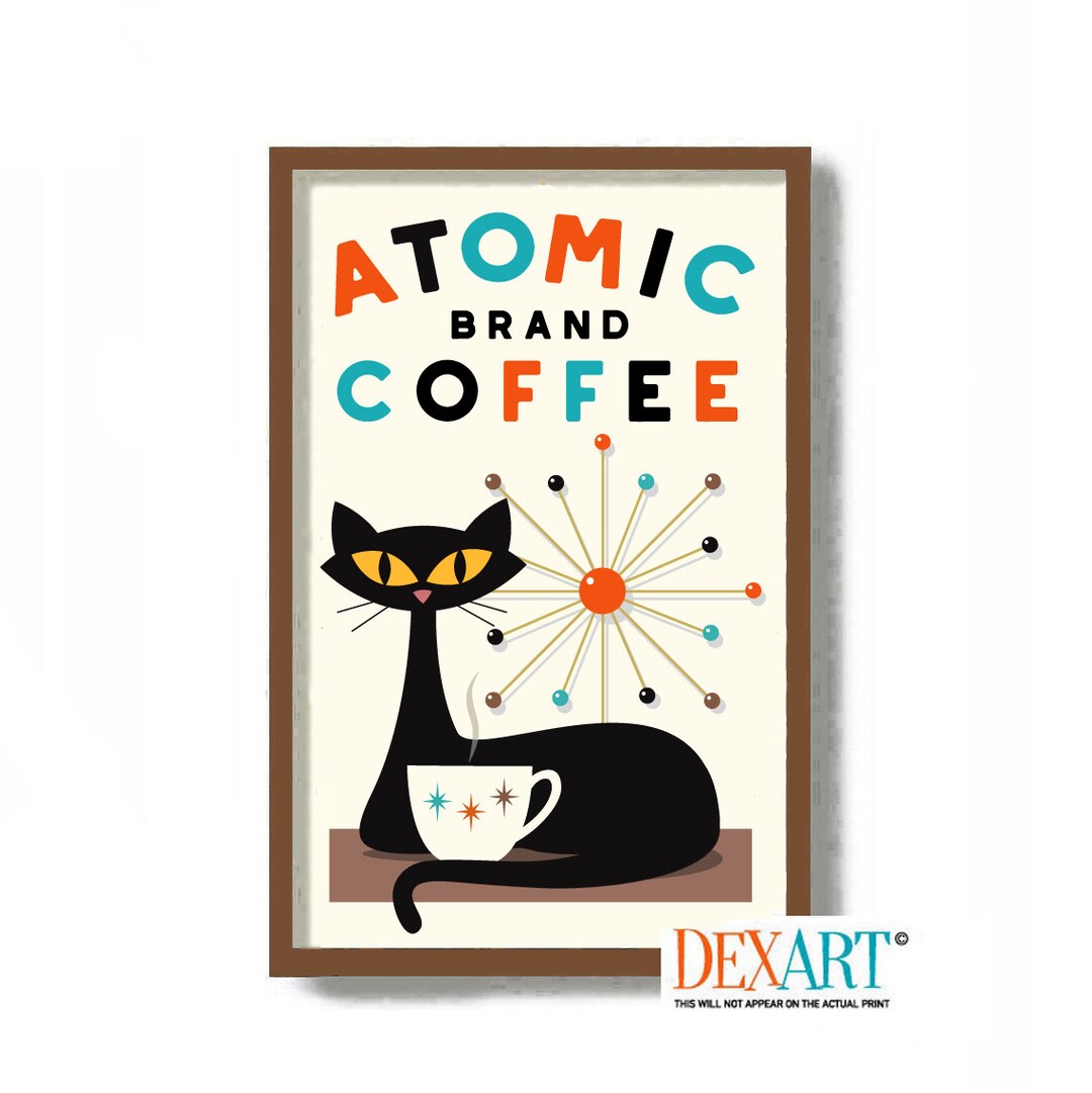 Mid Century Modern Cat and Kitchen Art Print Coffee Wall Art Black Cat ...