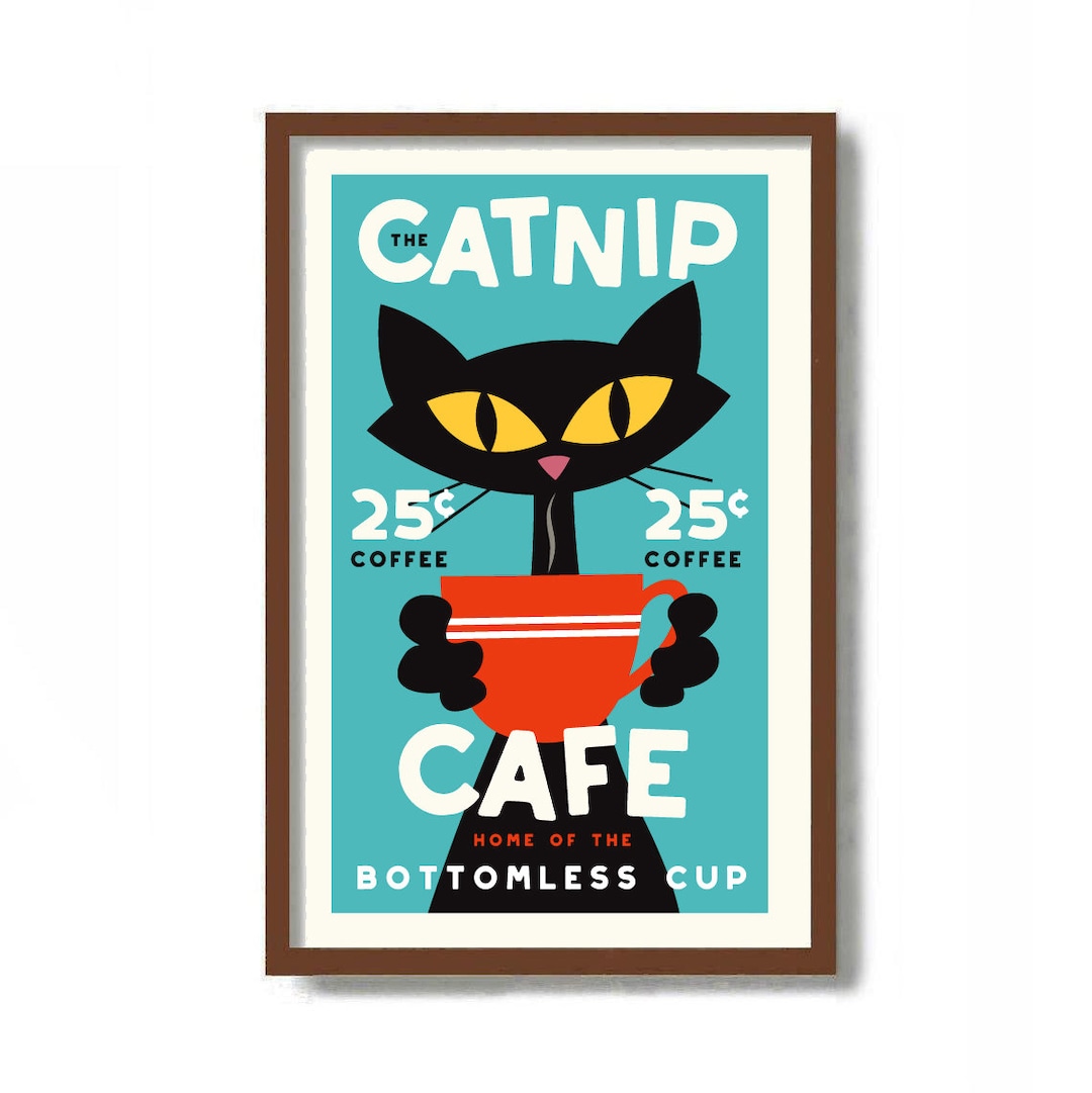 Mid Century Modern Cafe Sign Art Print, Kitchen Art Print, Catnip ...