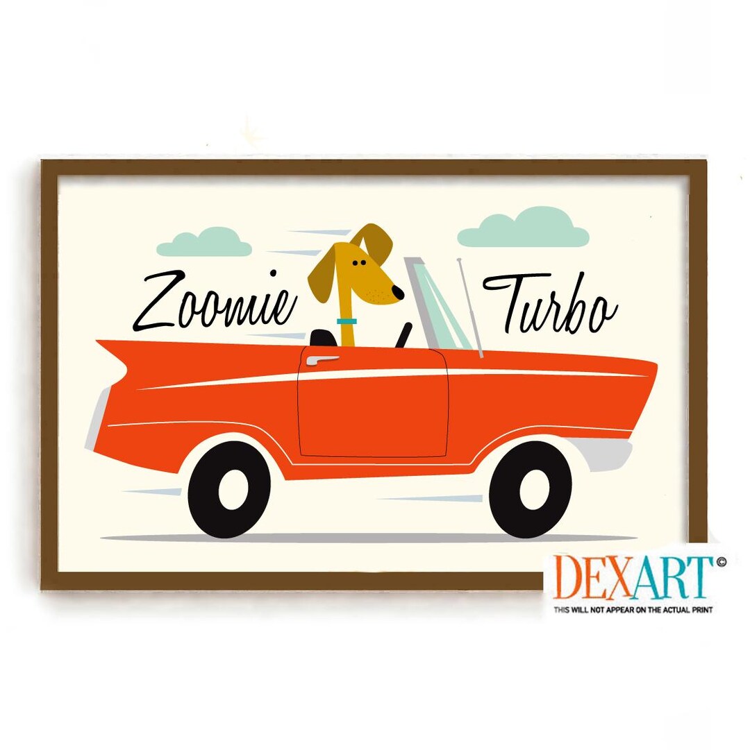 Funny Dog Art Print, Zoomies Dog Car, Mid Century Modern Man Cave Decor ...