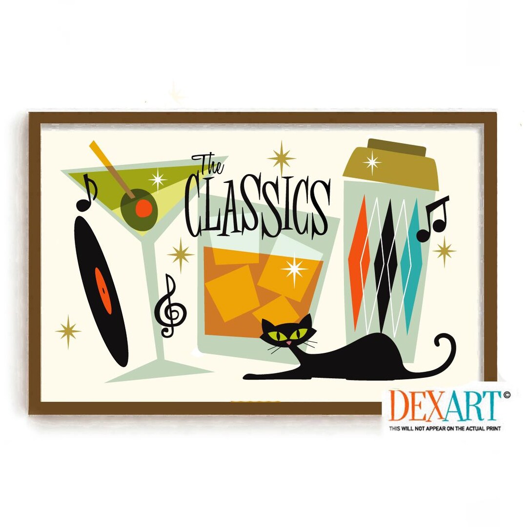 Mid Century Modern Cat Art Print, Atomic Black Cat, Vintage Cocktail ...