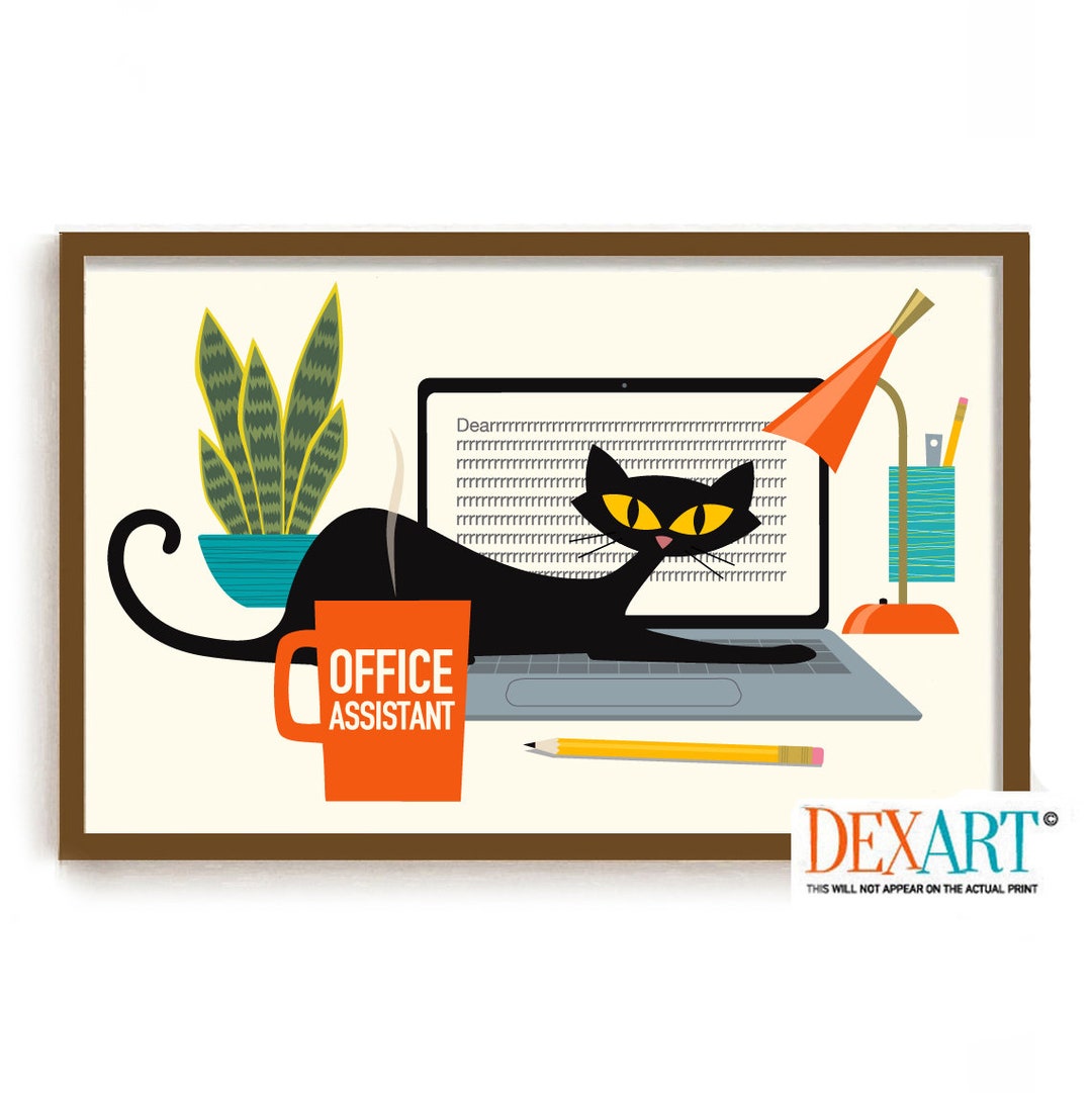 Black Cat Wall Art Print Home Office, Work at Home Mom, Office Cat ...