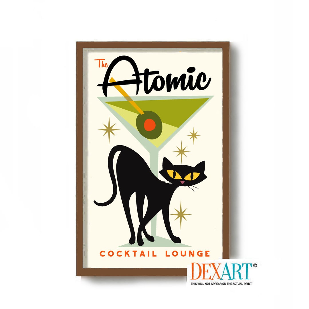 Mid Century Modern Atomic Cocktail Bar Wall Art, Black Cat Art Print ...