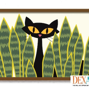 Atomic Cat and Plants Art Print, Snake Plant Wall Art, Mid Century ...