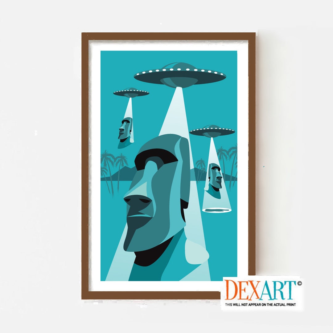 Mid Century Modern Art Tiki Bar Decor, Moai Statue Art Print, Roswell ...