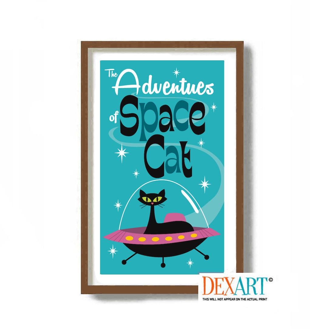 Atomic Space Cat Art Print, Mid Century Modern Art, Roswell UFO, Flying ...