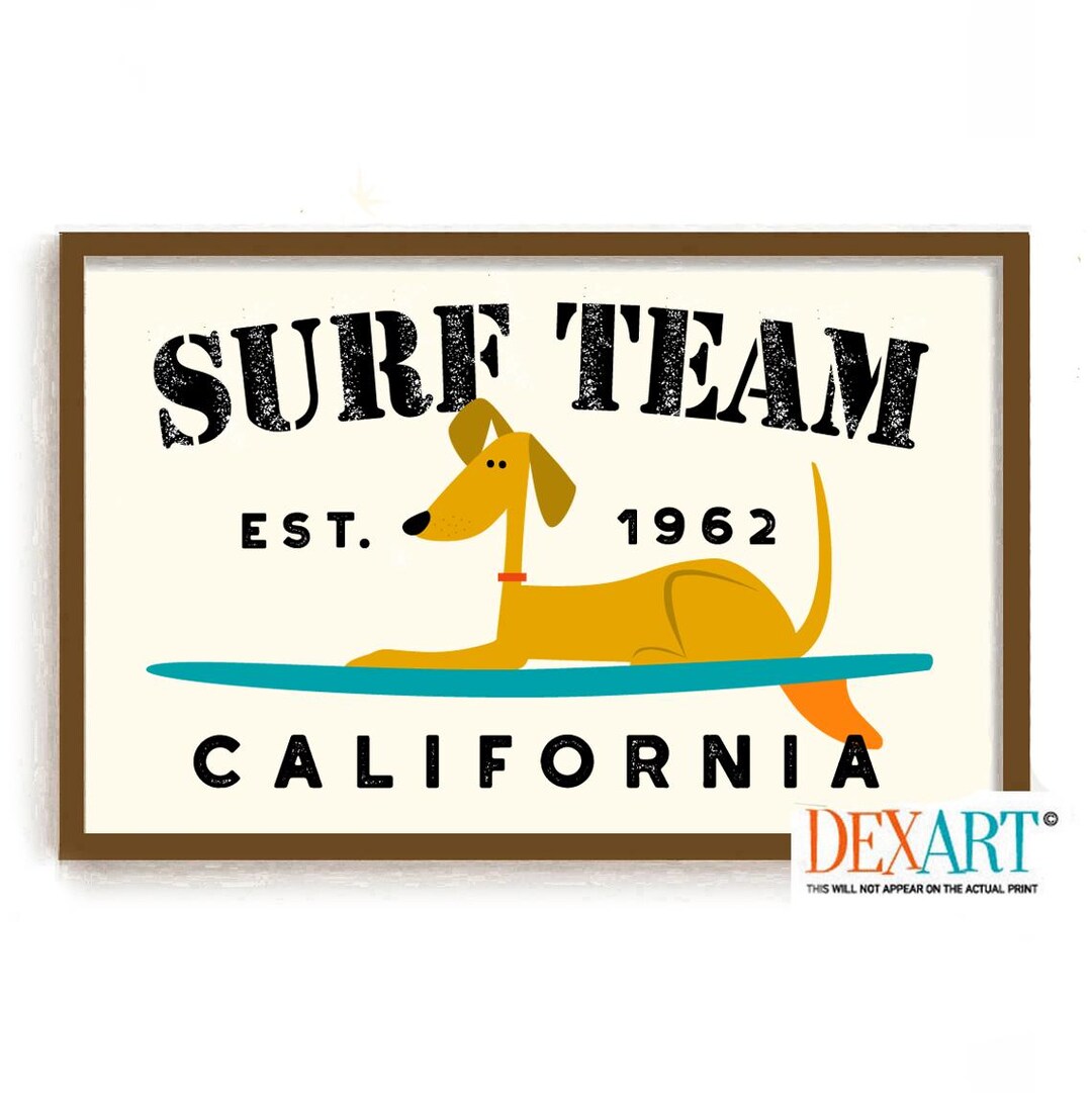 Dog Surf Poster, Mid Century Modern Dog Art Print, California Decor ...