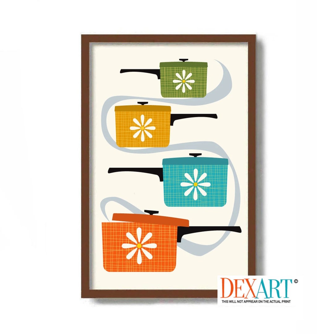 Mid Century Modern Pots and Pans Kitchen Wall Art Print, Saucepans ...