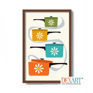 Mid Century Modern Pots and Pans Kitchen Wall Art Print, Saucepans ...