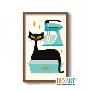 Atomic Black Cat Kitchen Wall Art Print, Glass Casserole Dish, Mid ...