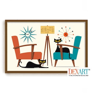 Mid Century Modern Black Cat Wall Art Print, Palm Springs, Modern Chair ...
