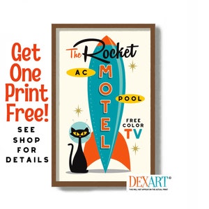 Atomic Black Cat Space Art Print, Rocket Ship Motel Sign, Mid Century ...