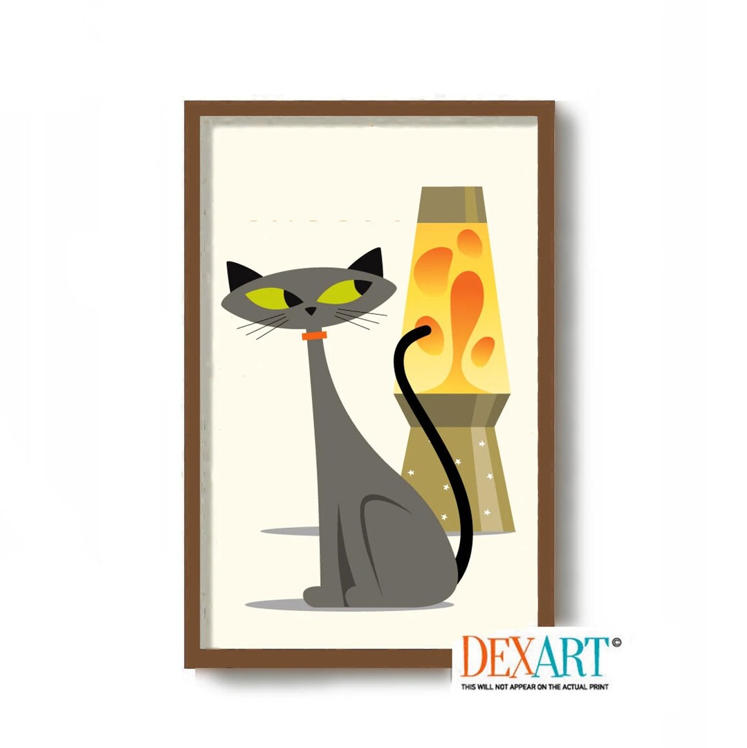 Mid Century Modern Cat Lava Lamp Art Print, Gray Cat Print, Retro Table ...