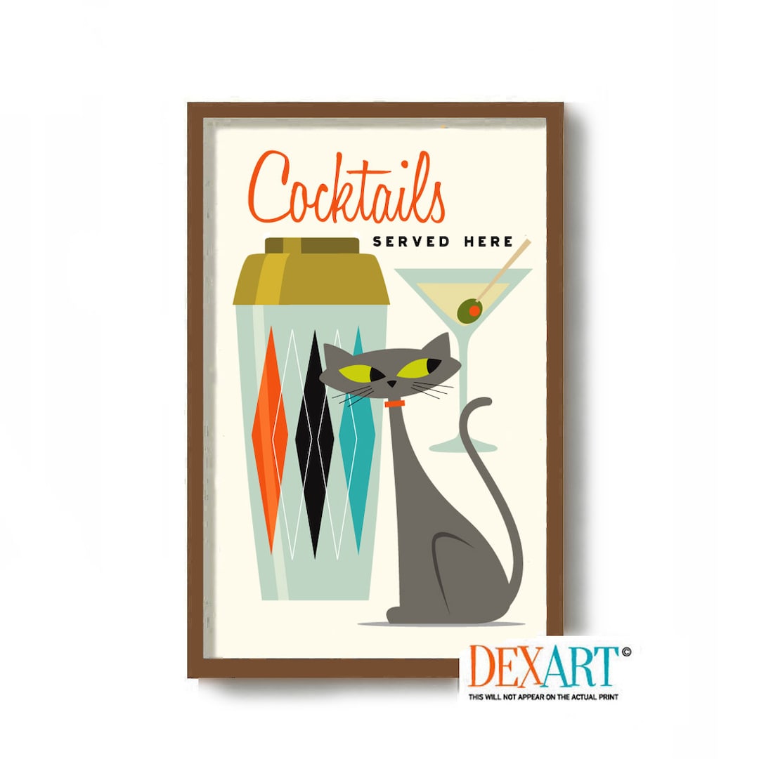 Mid Century Modern Atomic Cat Cocktail Bar Wall Art, Gray Cat Art Print ...