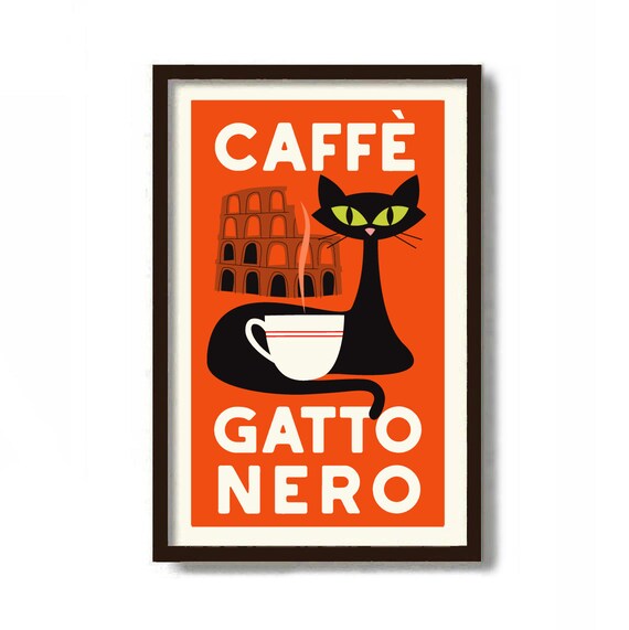 Black Cat Art Italian Cafe Sign Mid Century Modern Wall Art | Etsy