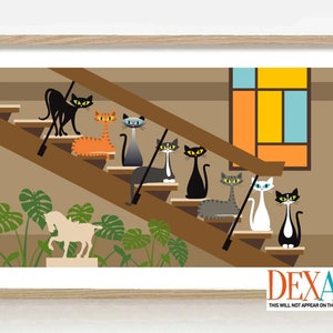 Cat Art Print, Mid Century Modern Art, Family of Cats, Retro TV Show ...