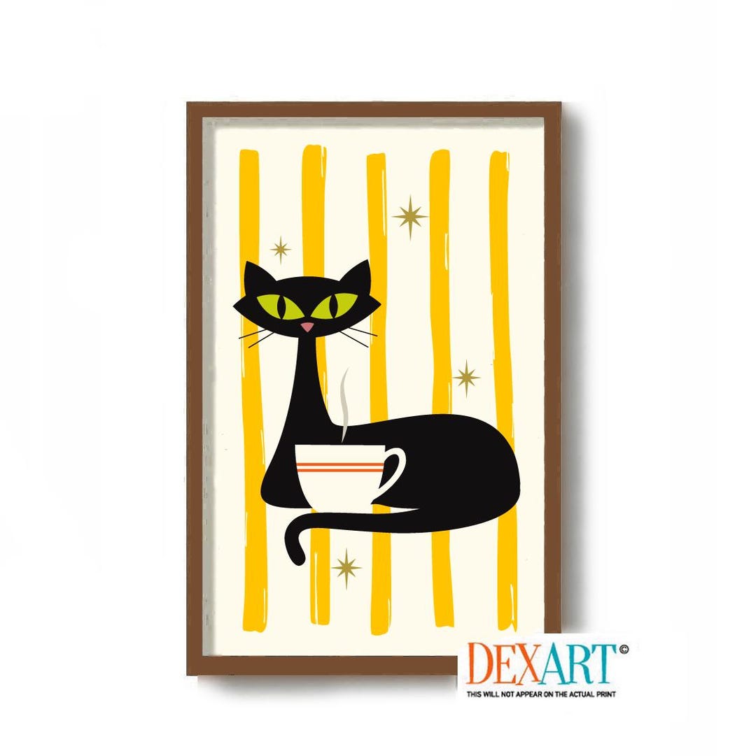 Mid Century Modern Cat and Kitchen Wall Art Print, Black Cat Art Print ...