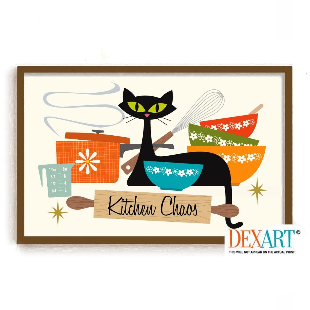 Mid Century Modern Cat Kitchen Wall Art Print, Black Cat Art Print, Cat ...