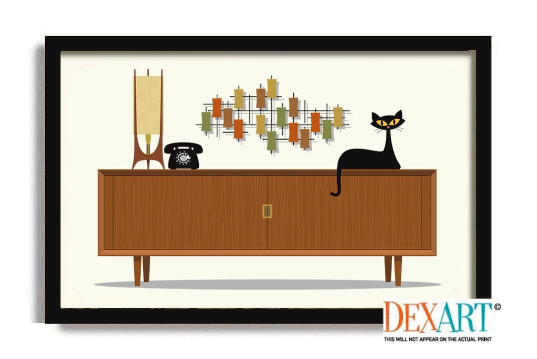 Mid Century Modern Cat Art Print, Atomic Black Cat Wall Decor ...