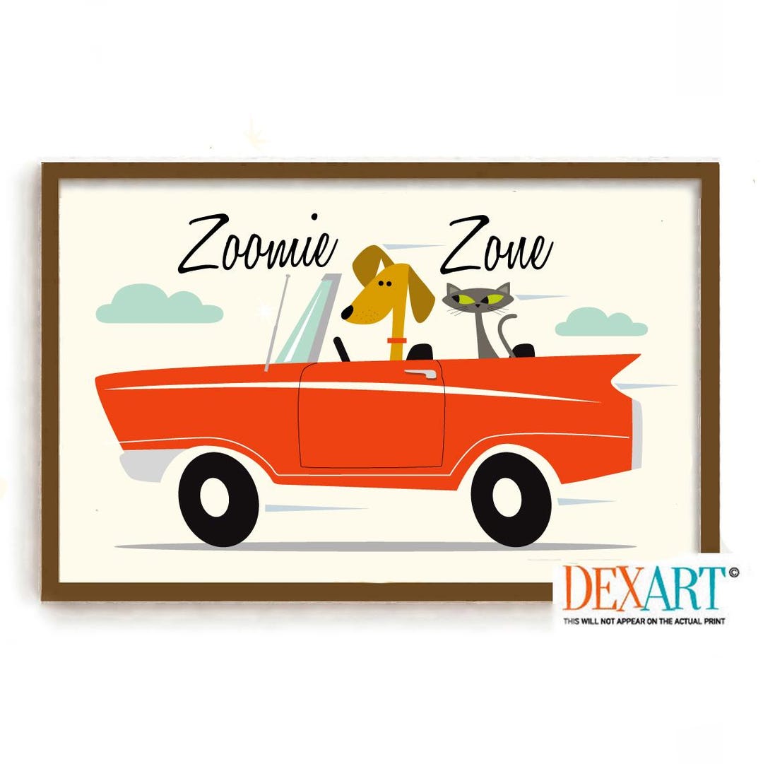 Zoomies Sign, Funny Cat and Dog Art Print, Mid Century Modern Man Cave ...