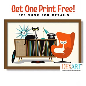 Mid Century Modern Art Print, Atomic Cat Gifts, Retro Sideboard, Tuxedo ...