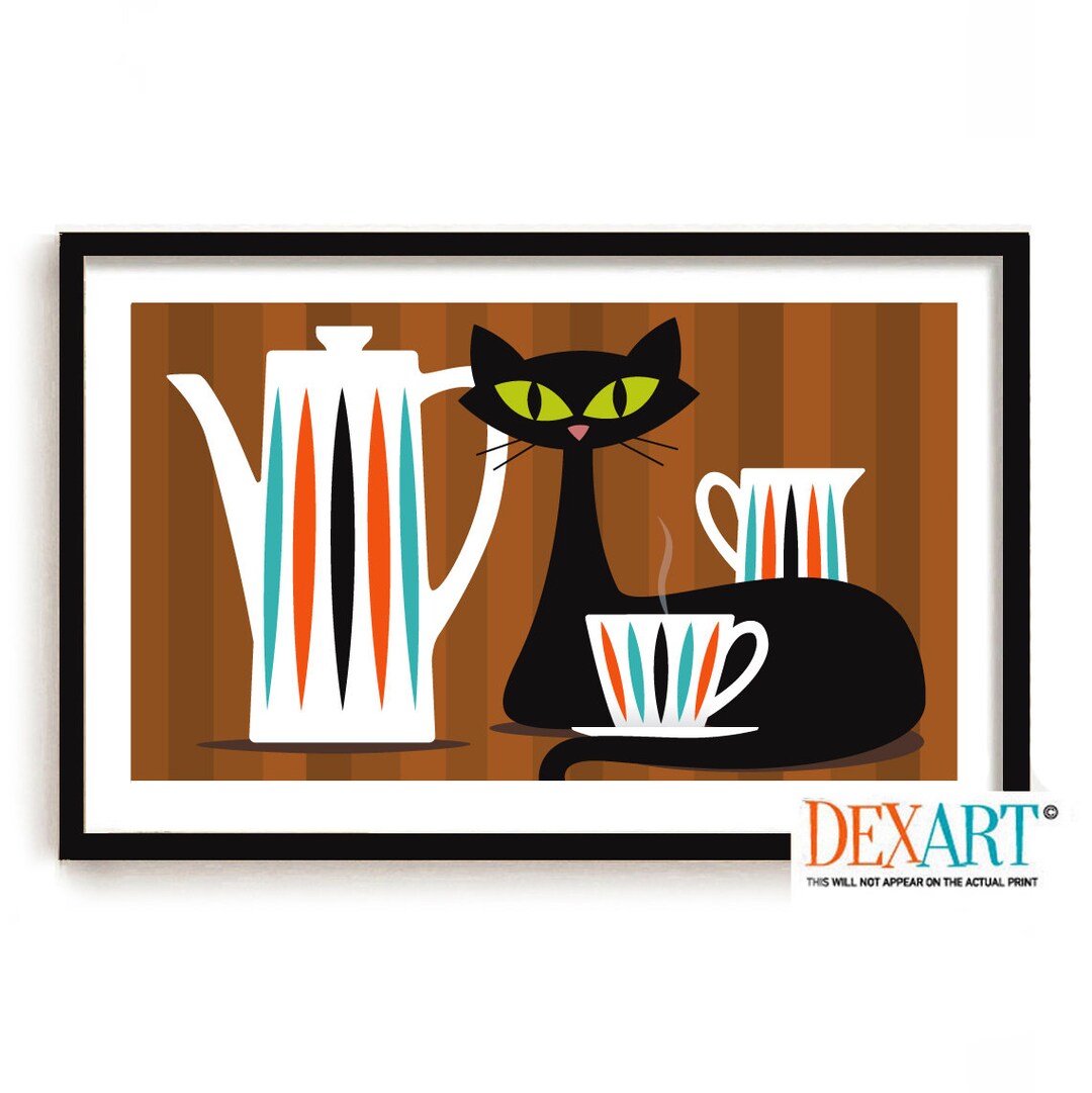 Mid Century Modern Cat and Kitchen Art Print, Wall Art, Black Cat Lover ...