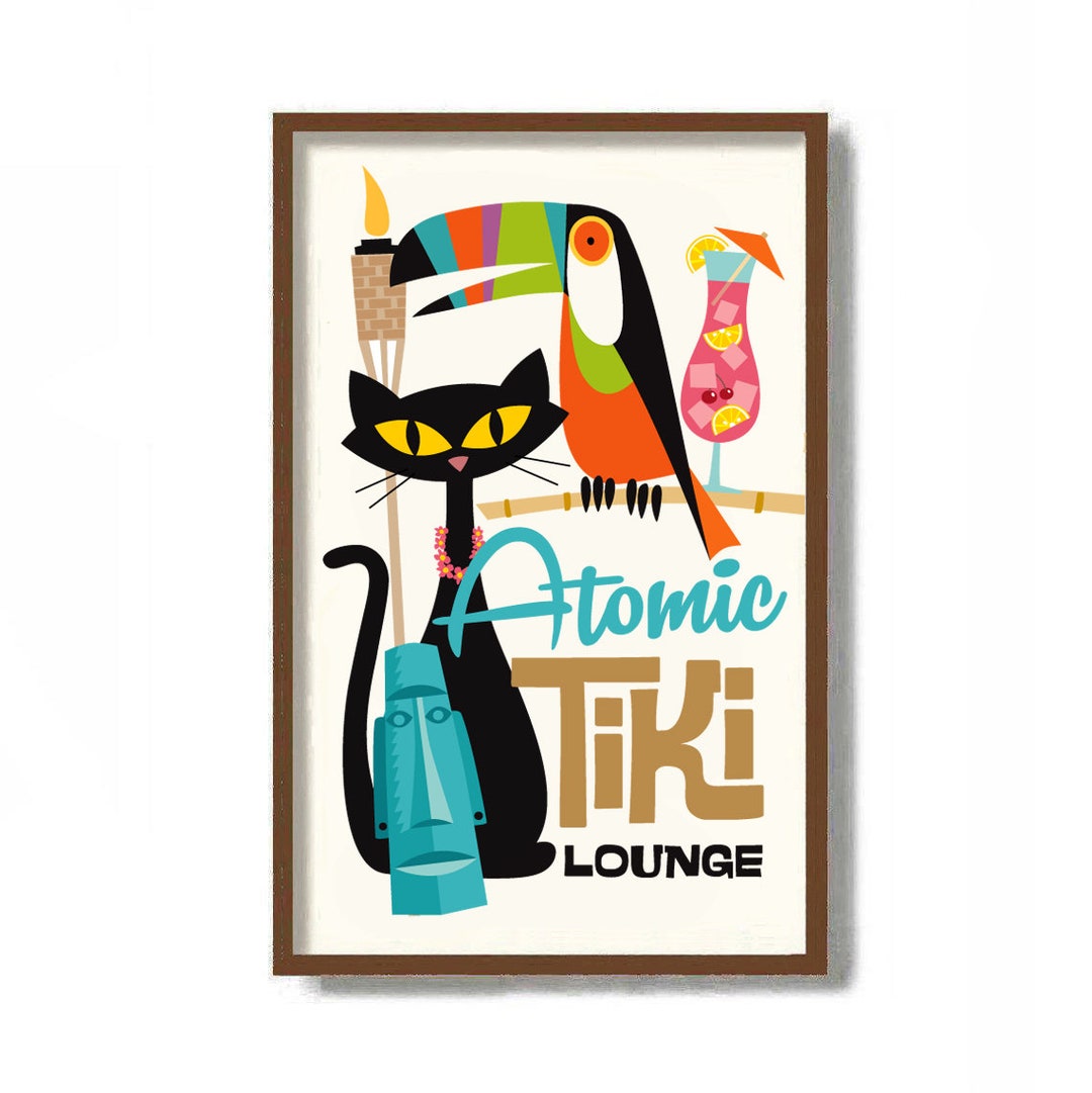Atomic Cat Art, Tiki Bar Sign, Black Cat Art Print, Mid Century Modern ...