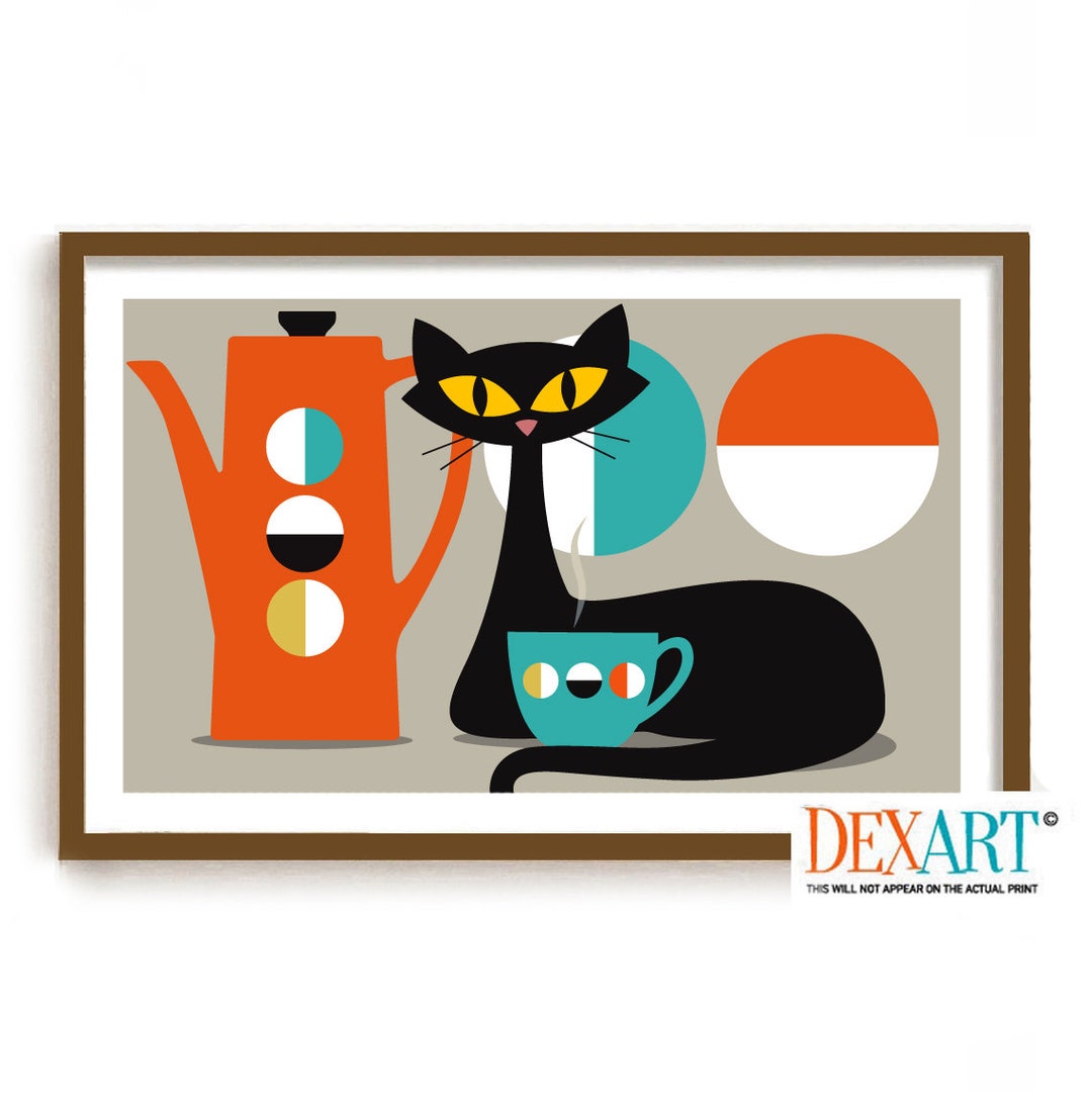 Mid Century Modern Cat and Kitchen Art Print, Wall Art, Black Cat Lover ...
