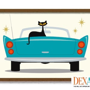 Vintage Car Poster, Mid Century Modern Wall Art, Black Cat Art Print ...