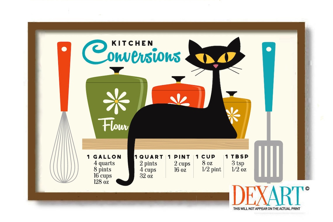 Black Cats Kitchen Art Print, Measurement Conversion Chart, Mid Century ...