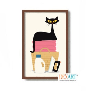 Black Cat Laundry Basket Art Print, Laundry Room Decor, Mid Century ...