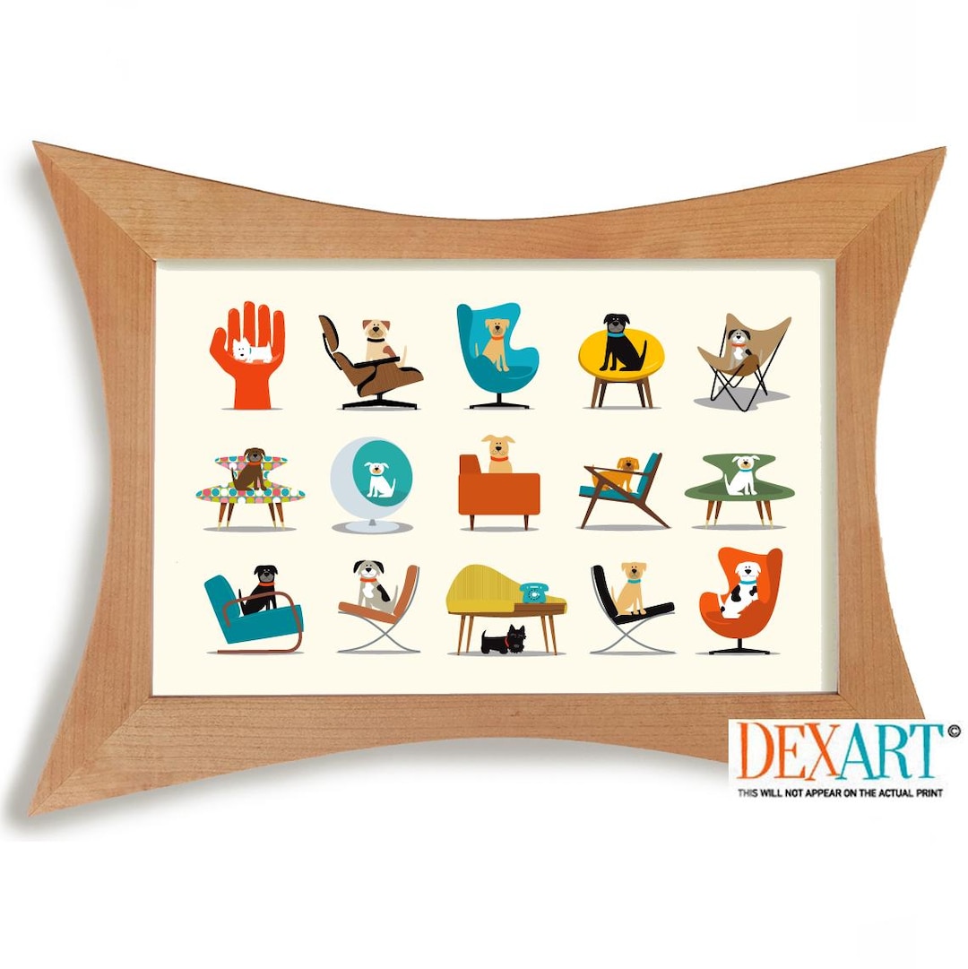 Mid Century Modern Dog and Chair Wall Art Print, Contemporary Chairs ...
