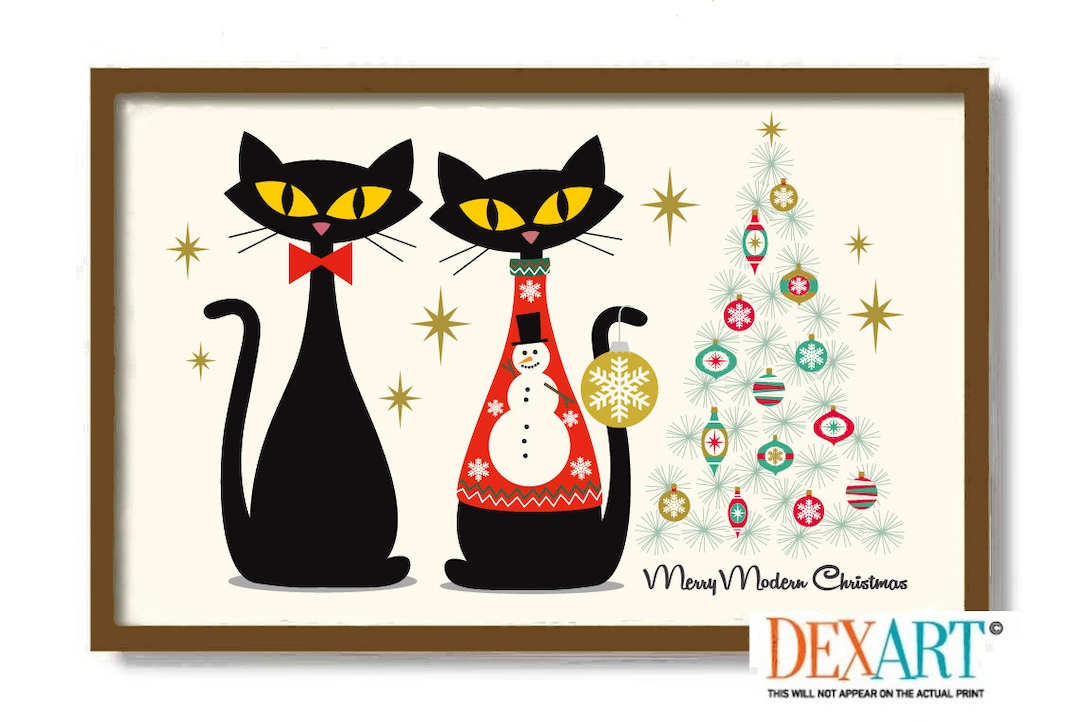 Mid Century Modern Cat Christmas Art Print, Retro Christmas Tree Decor ...