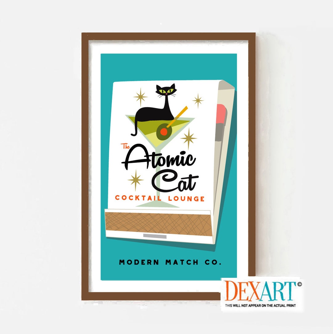 Atomic Cat Art Print, Mid Century Modern Wall Art, Martini Glass ...