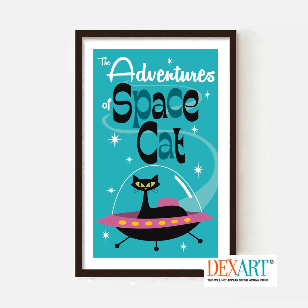 Atomic Space Cat Art Print, Mid Century Modern Art, Roswell UFO, Flying ...